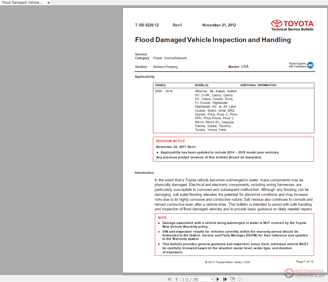 Toyota Series 2012-2017 Technical Service Bulletins