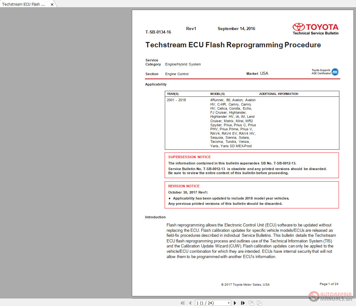 Toyota Series 2012-2017 Technical Service Bulletins