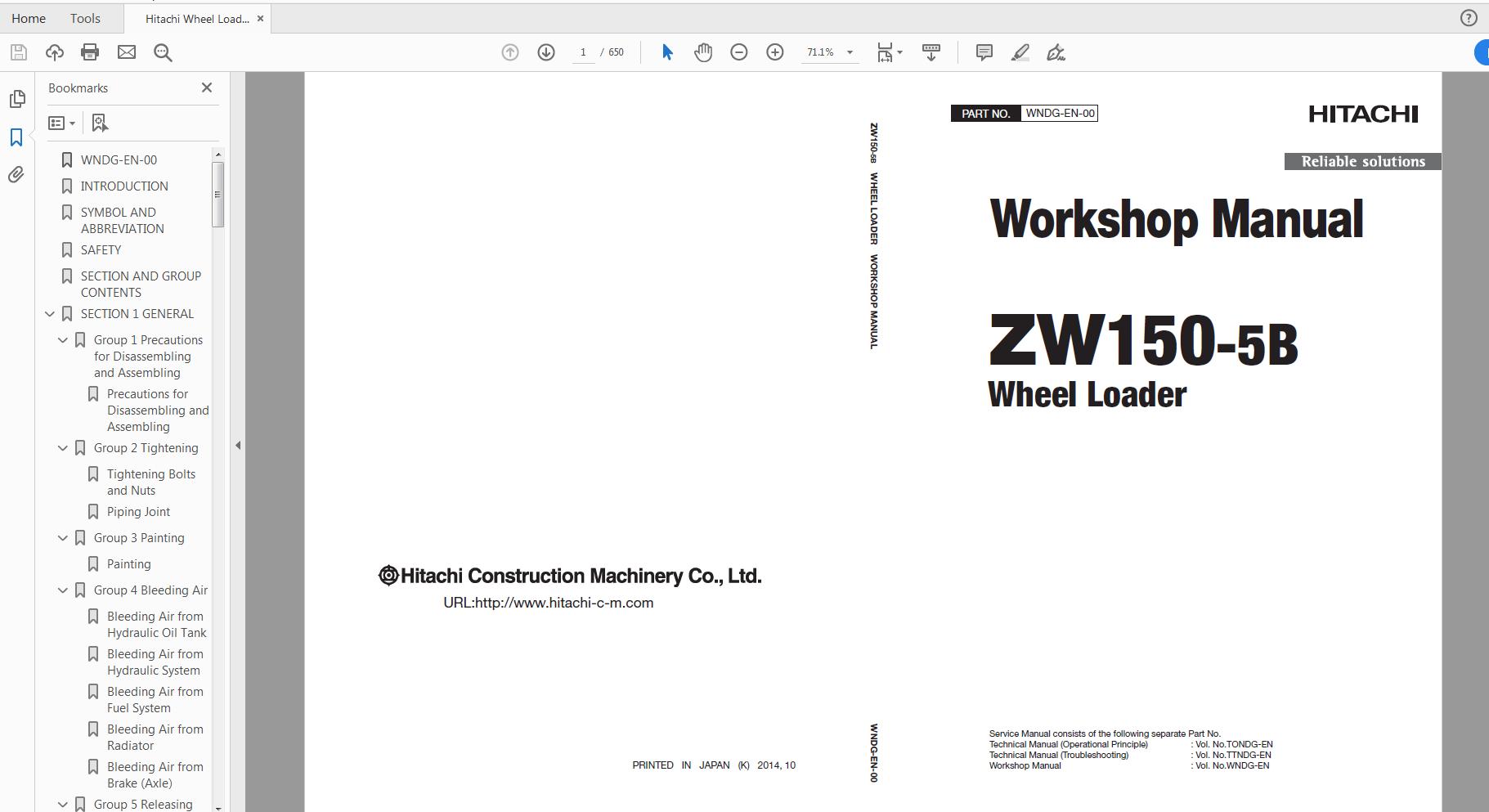 Hitachi Wheel Loader ZW150_150PL-5B Technical Manual & Workshop Manual