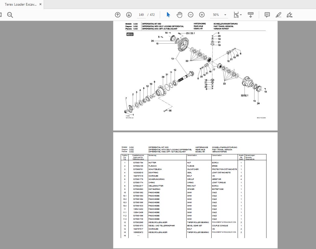 Terex Loader Excavator SKB2000-0101 Laderbagger Parts Catalog