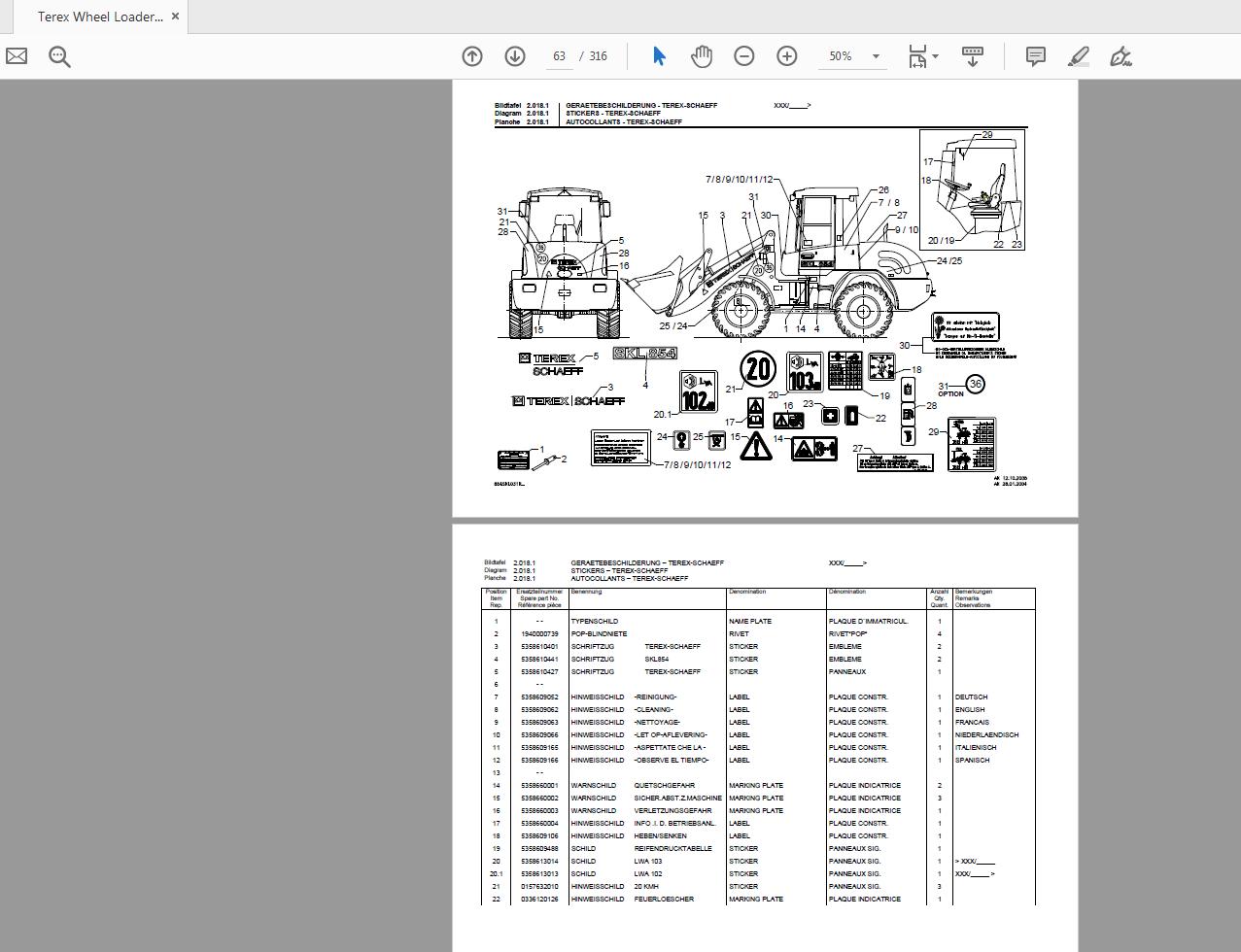 Terex Wheel Loader SKL854-0100 Radlader Parts Catalog