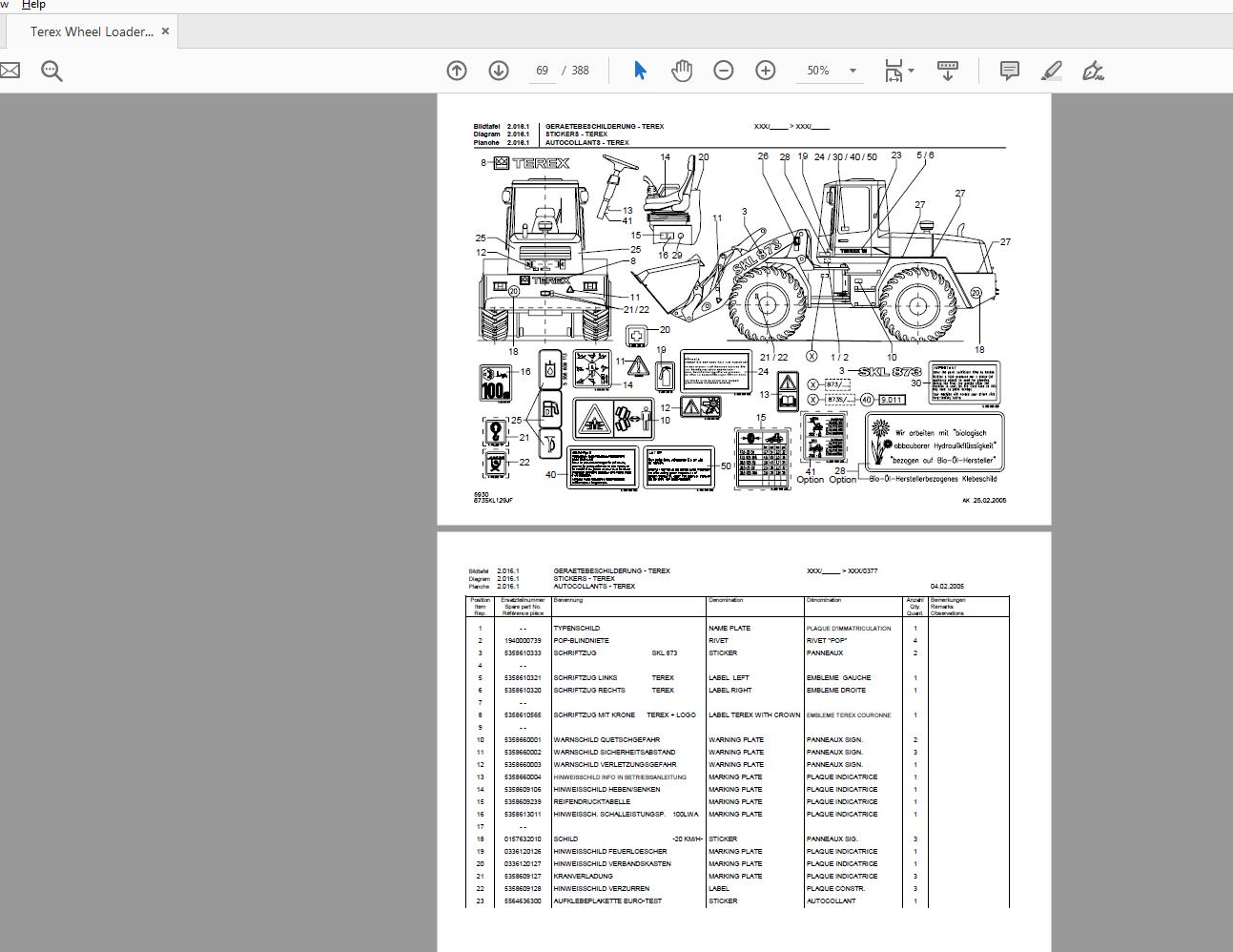 Terex Wheel Loader SKL873-0274 Radlader Parts Catalog
