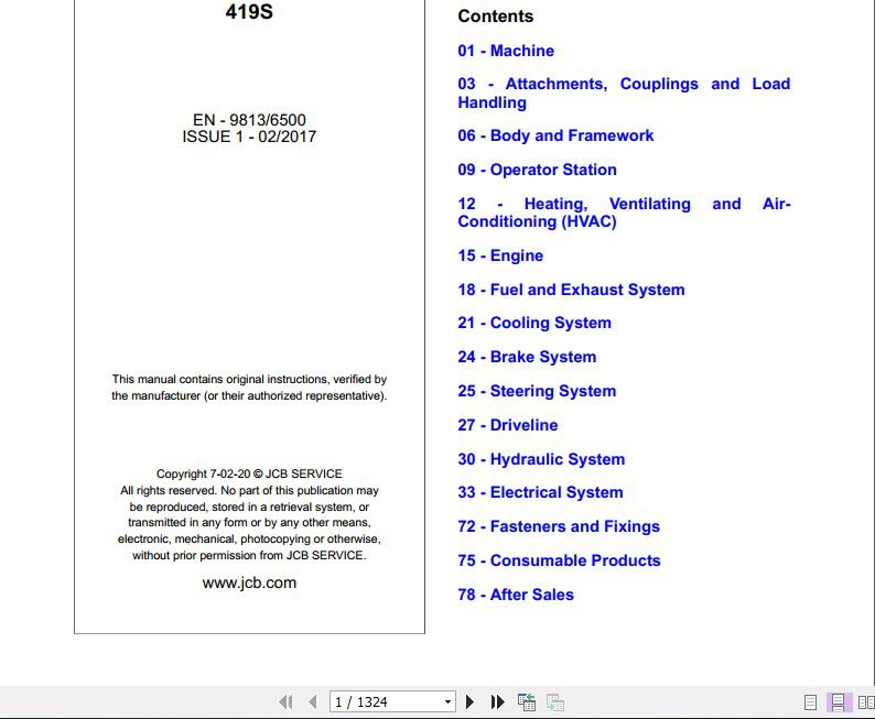 JCB Wheeled Loader 419S Sevice Manual