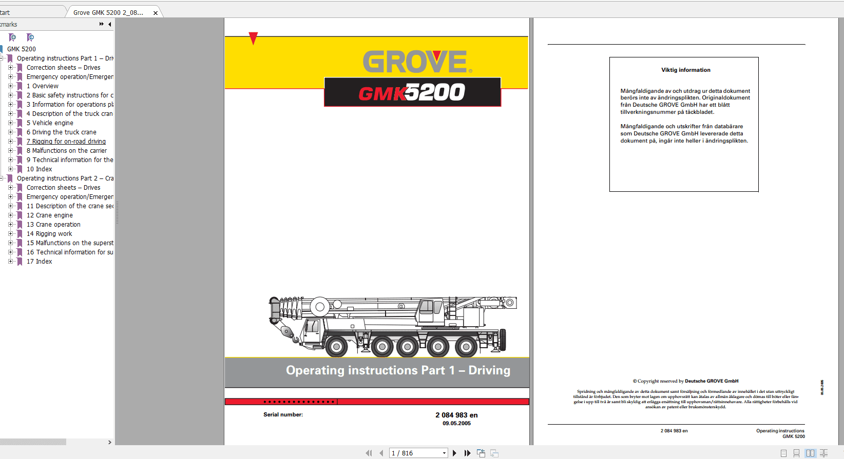 Grove Mobile Crane GMK 5200 Operating & Maintenance Manual