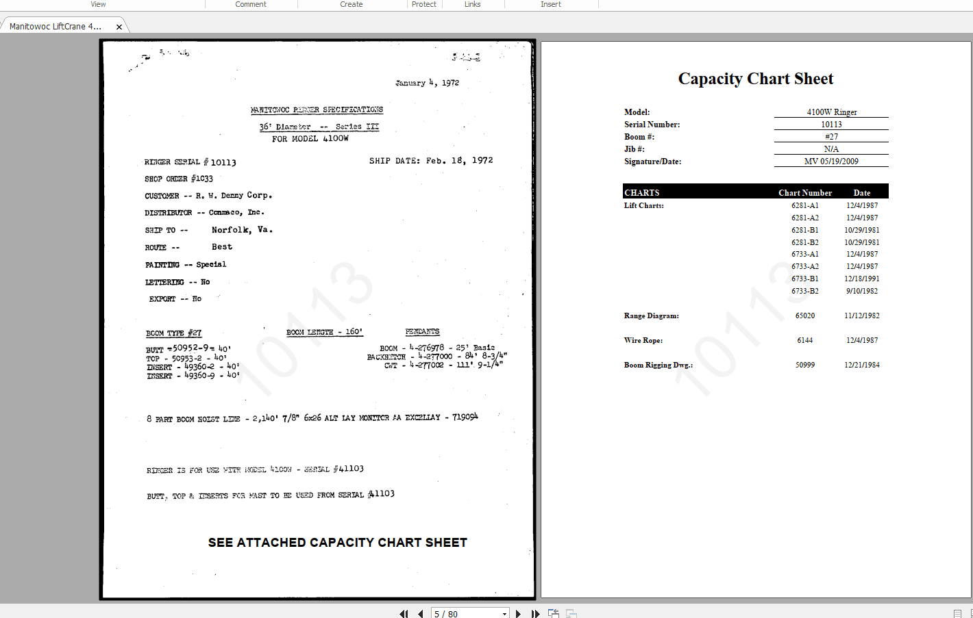 Manitowoc Crane Model 4100W Ringer 10113 Parts Manual & Capacities