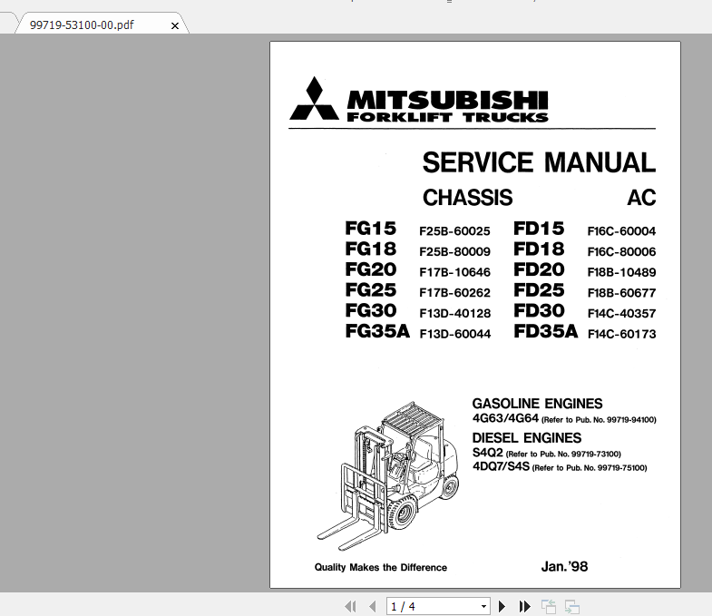 Mitsubishi Forklift FD30 Service Manual