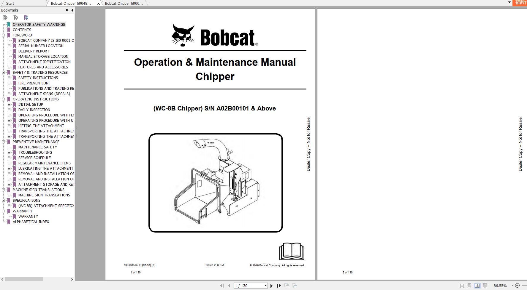 Bobcat Chipper Operation & Maintenance Manuals