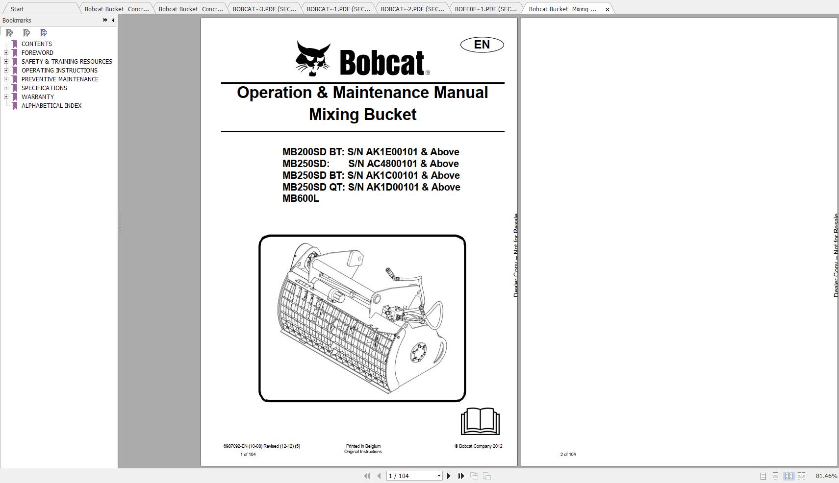 Bobcat Combination-Concrete-Mixing Bucket Operation & Maintenance Manuals
