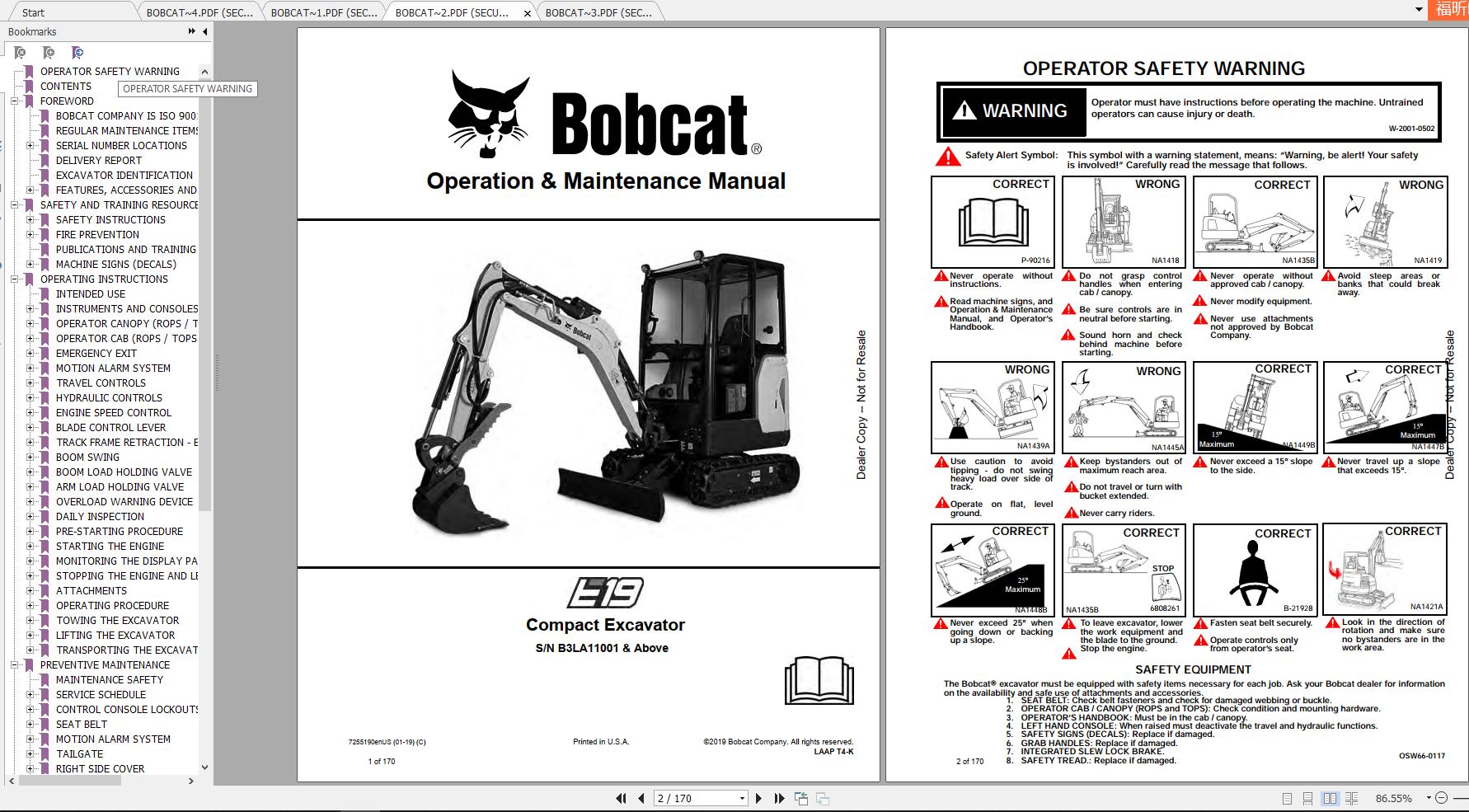 Bobcat Compact Excavator E19 Operation & Maintenance Manuals