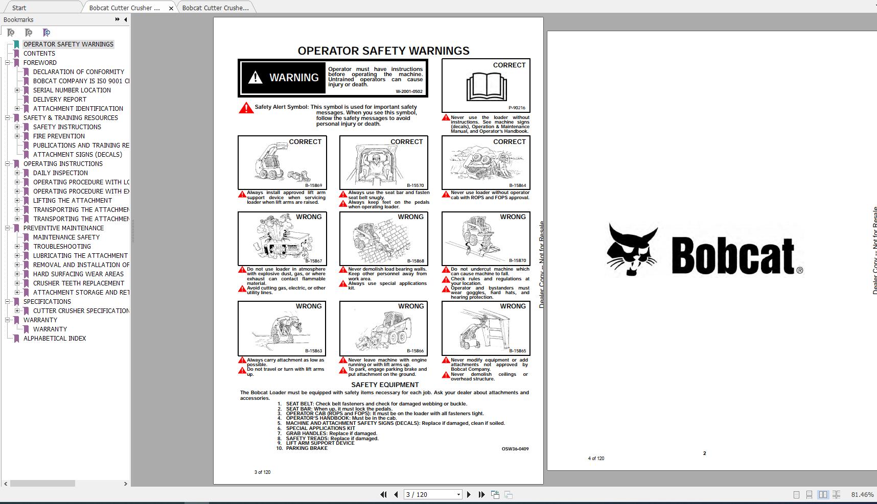 Bobcat Cutter Crusher Operation & Maintenance Manuals