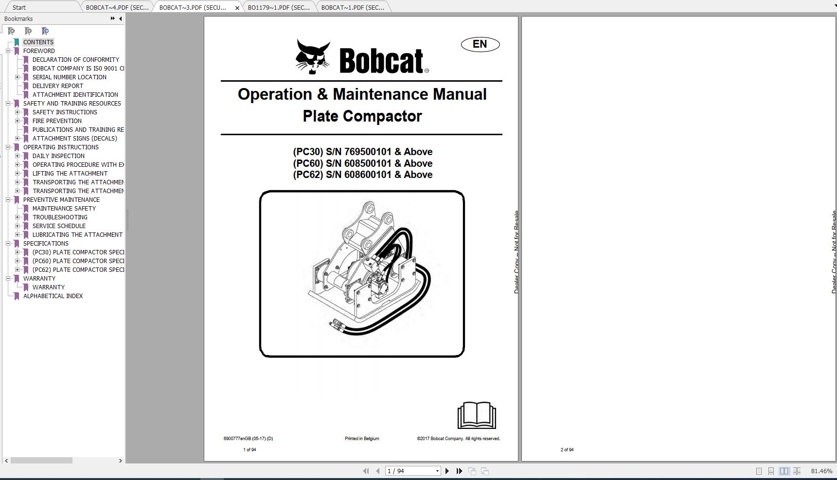 Bobcat Plate Compactor Operation & Maintenance Manuals