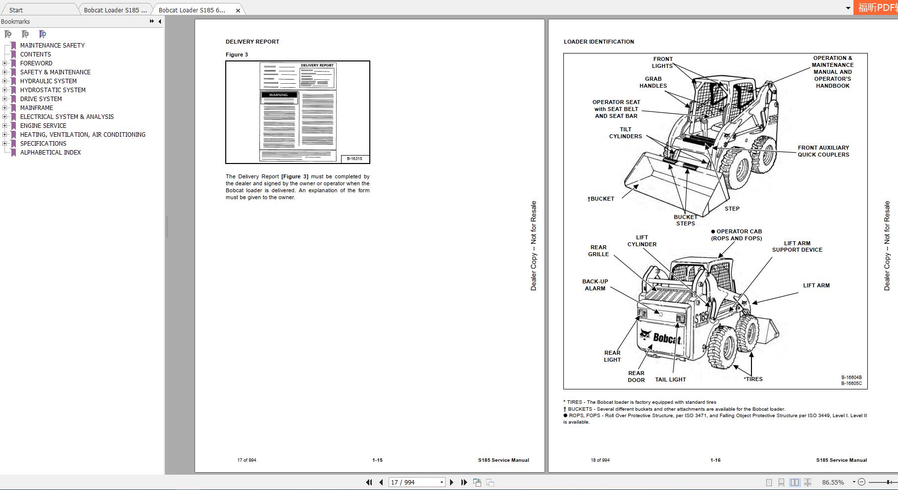Bobcat Skid-Steer Loader S185 Service Manuals