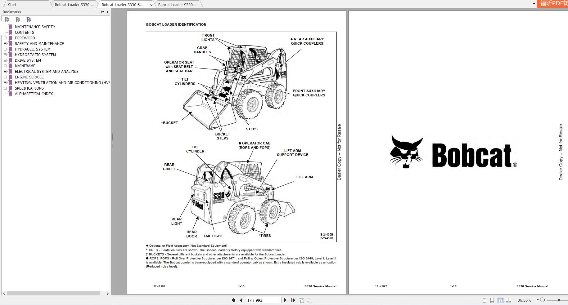 Bobcat Skid-Steer Loader S330 Service Manuals
