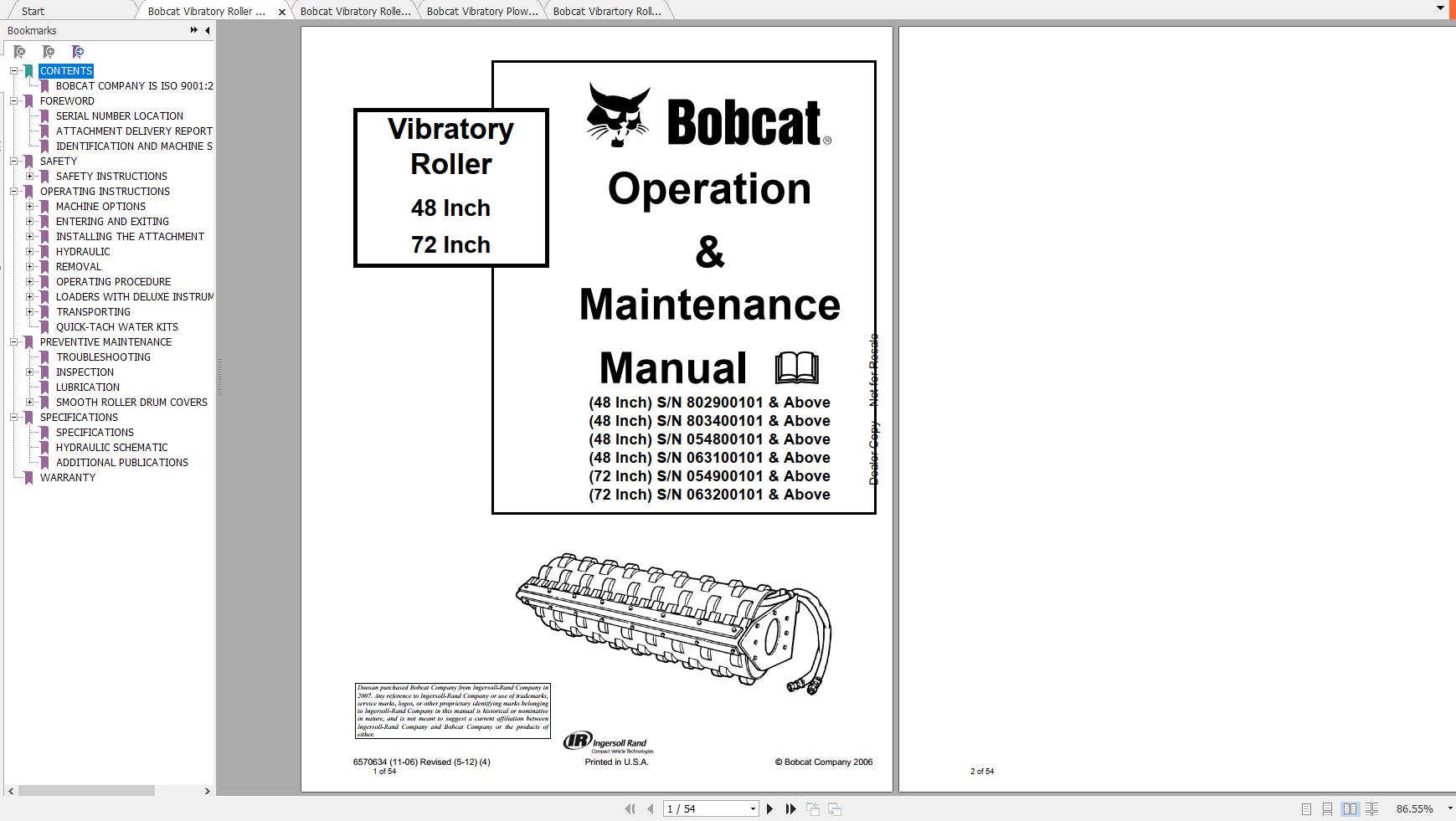Bobcat Vibratory Roller Operation & Maintenance Manuals