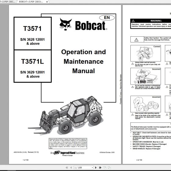 Bobcat Telescopic Handler T35100(S)(L) Operation & Maintenance Manuals