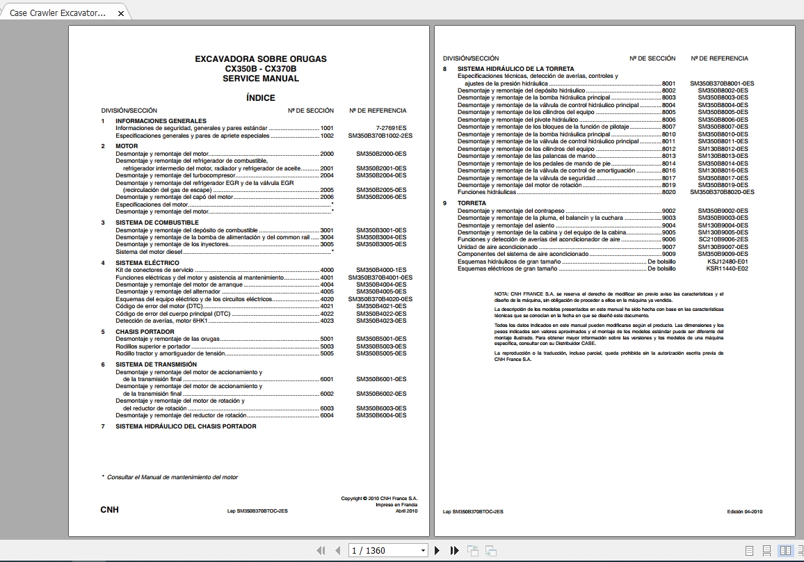 Case Crawler Excavator CX350B, CX370B Service Manual_84124933C_ES