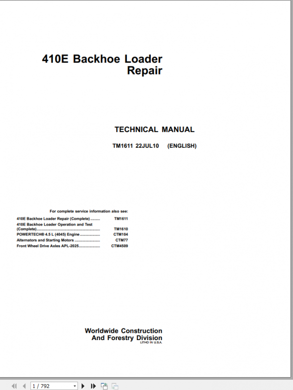 John Deere Backhoe Loader 410E Repair Technical Manual_EN