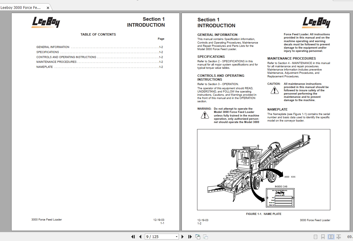 Leeboy 3000 Force Feed Loader Operations, Service And Parts Manual