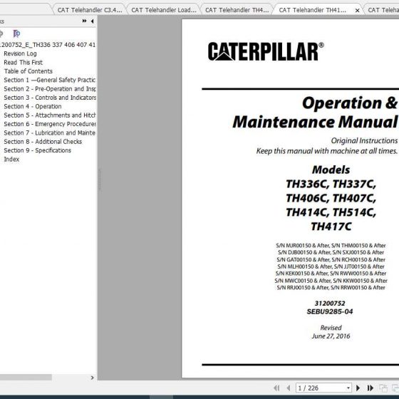 CAT Telehandler TH414C GC Operation, Parts and Maintenance Manual