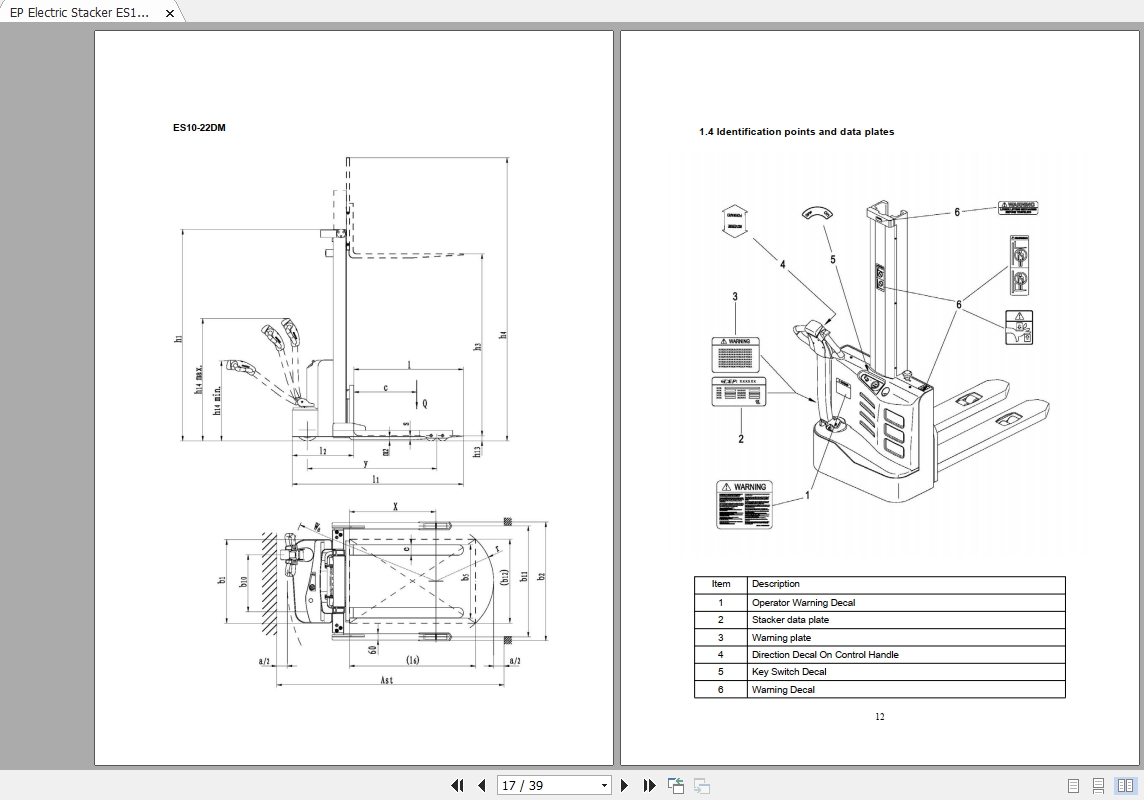 EP Electric Stacker ES10-10(22)MM,DM Operation Manual