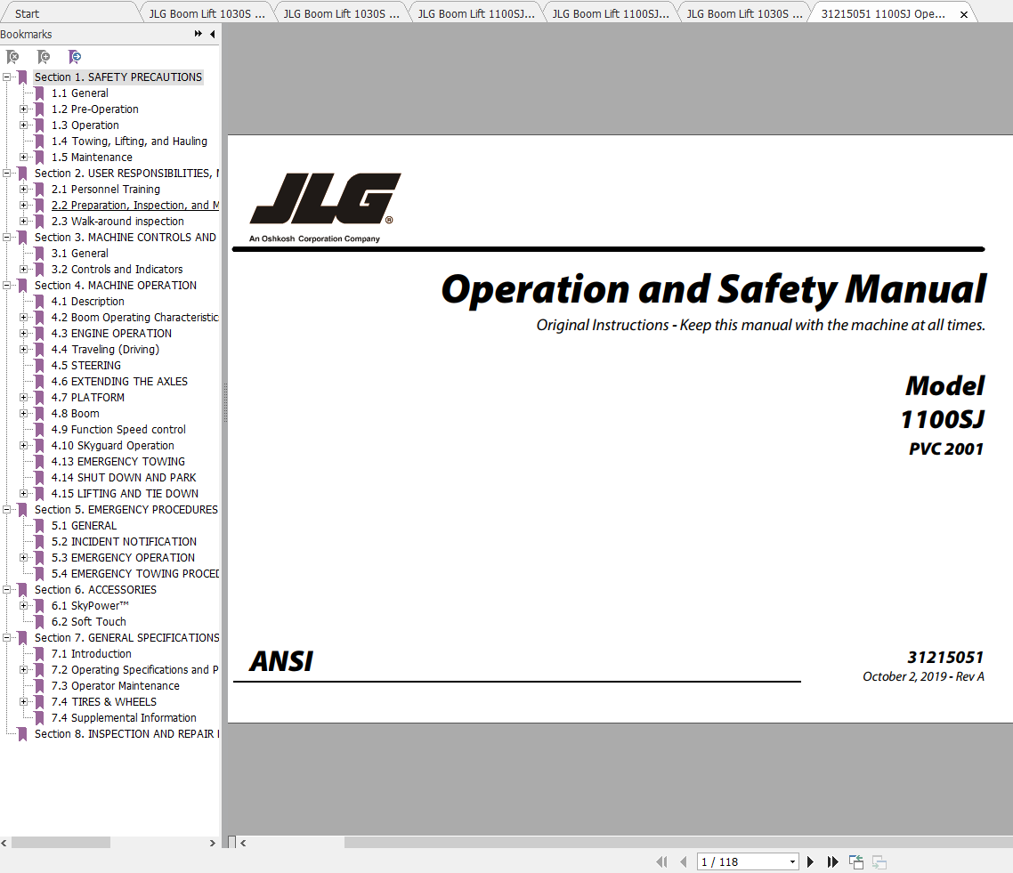 JLG Boom Lift 1030S 1100SJ Operation, Service & Parts Manuals