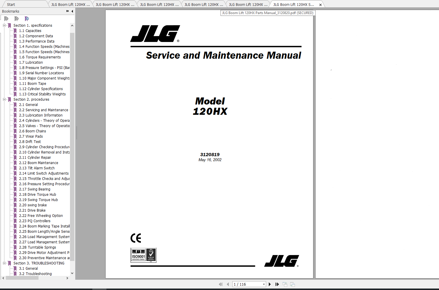 JLG Boom Lift 120HX Operation, Service & Parts Manuals
