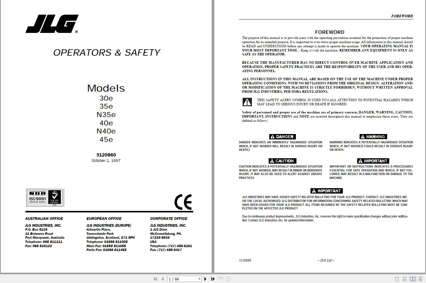 JLG Boom Lift 30_35_40_45E Operation, Service & Parts Manuals
