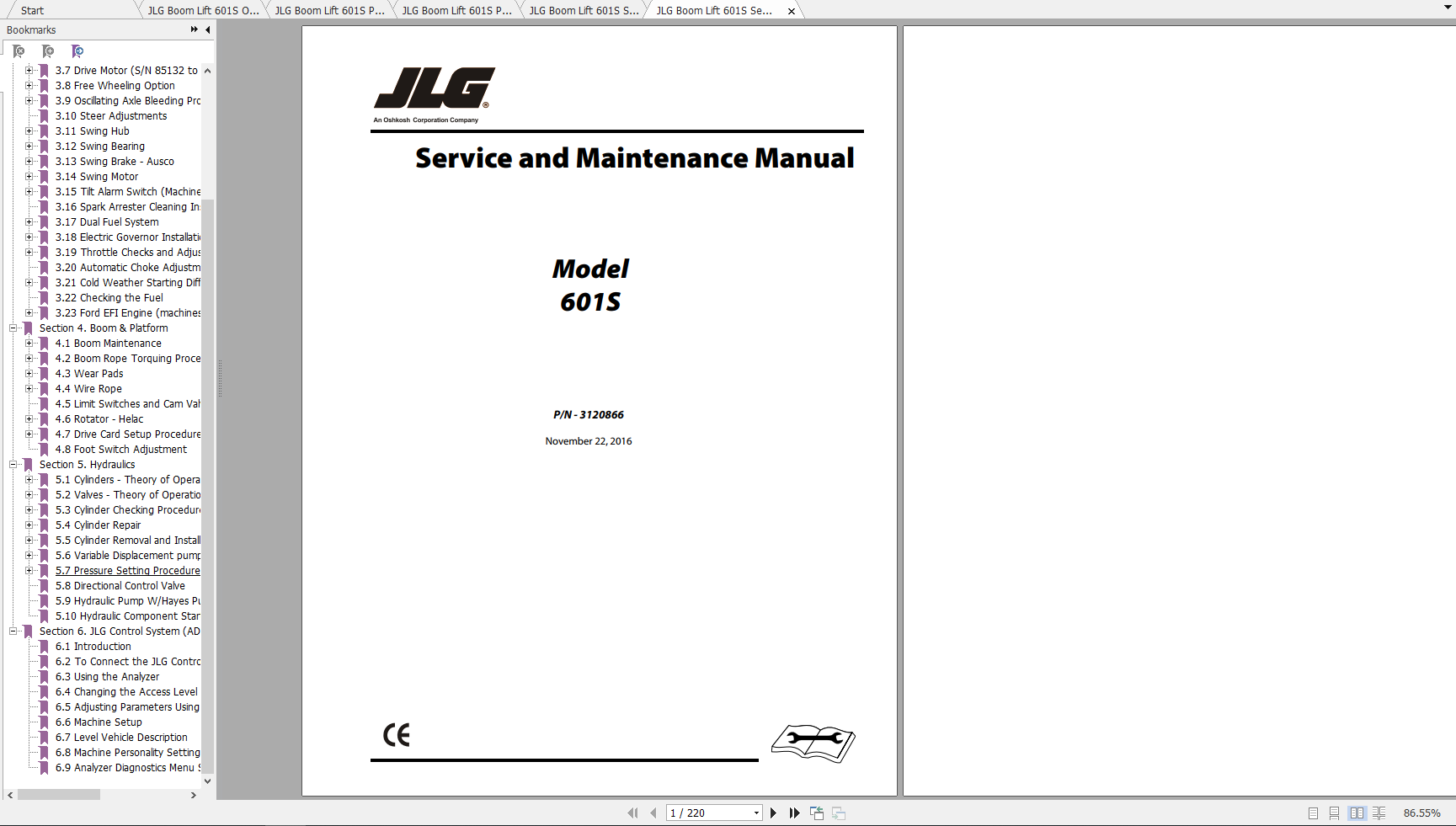 JLG Boom Lift 601S Operation, Service & Parts Manuals