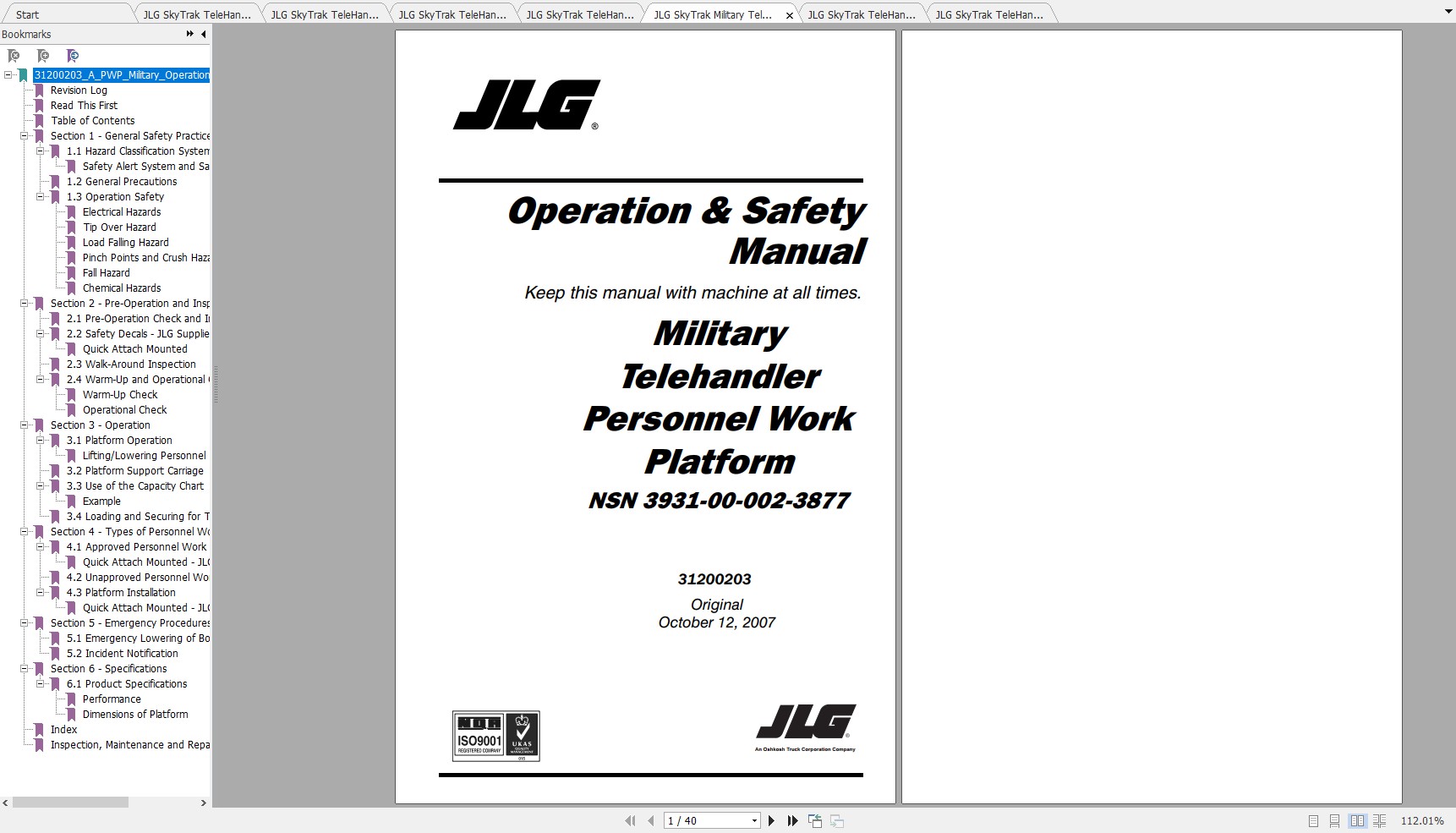JLG SkyTrak TeleHandler MMV Operation, Service & Parts Manuals