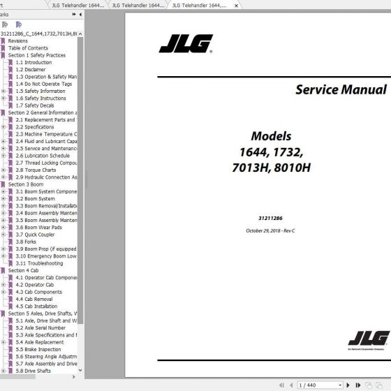 JLG Telehandler 1644 (PVC 1911,2005) Operation, Service & Parts Manuals