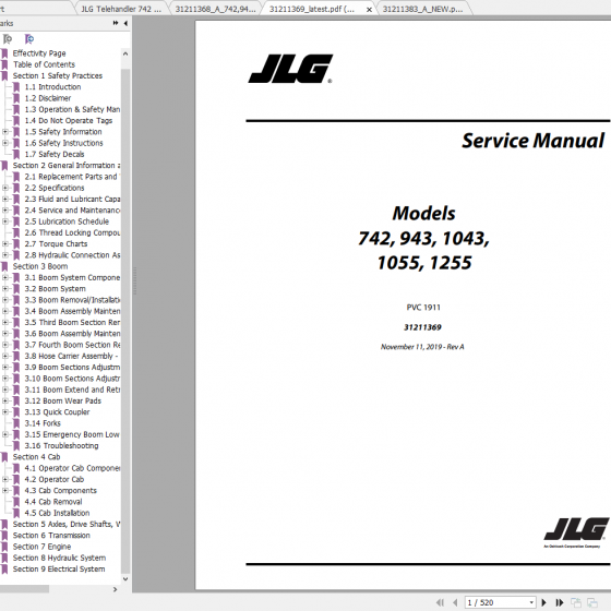 JLG Telehandler 742 Operation, Service & Parts Manuals