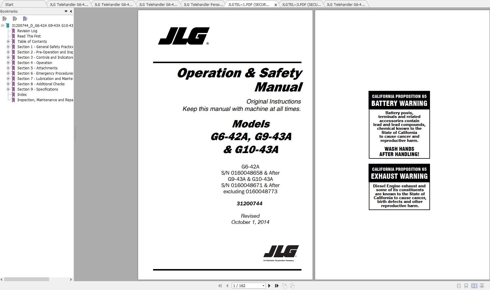 JLG Telehandler G6-42A Operation, Service & Parts Manuals