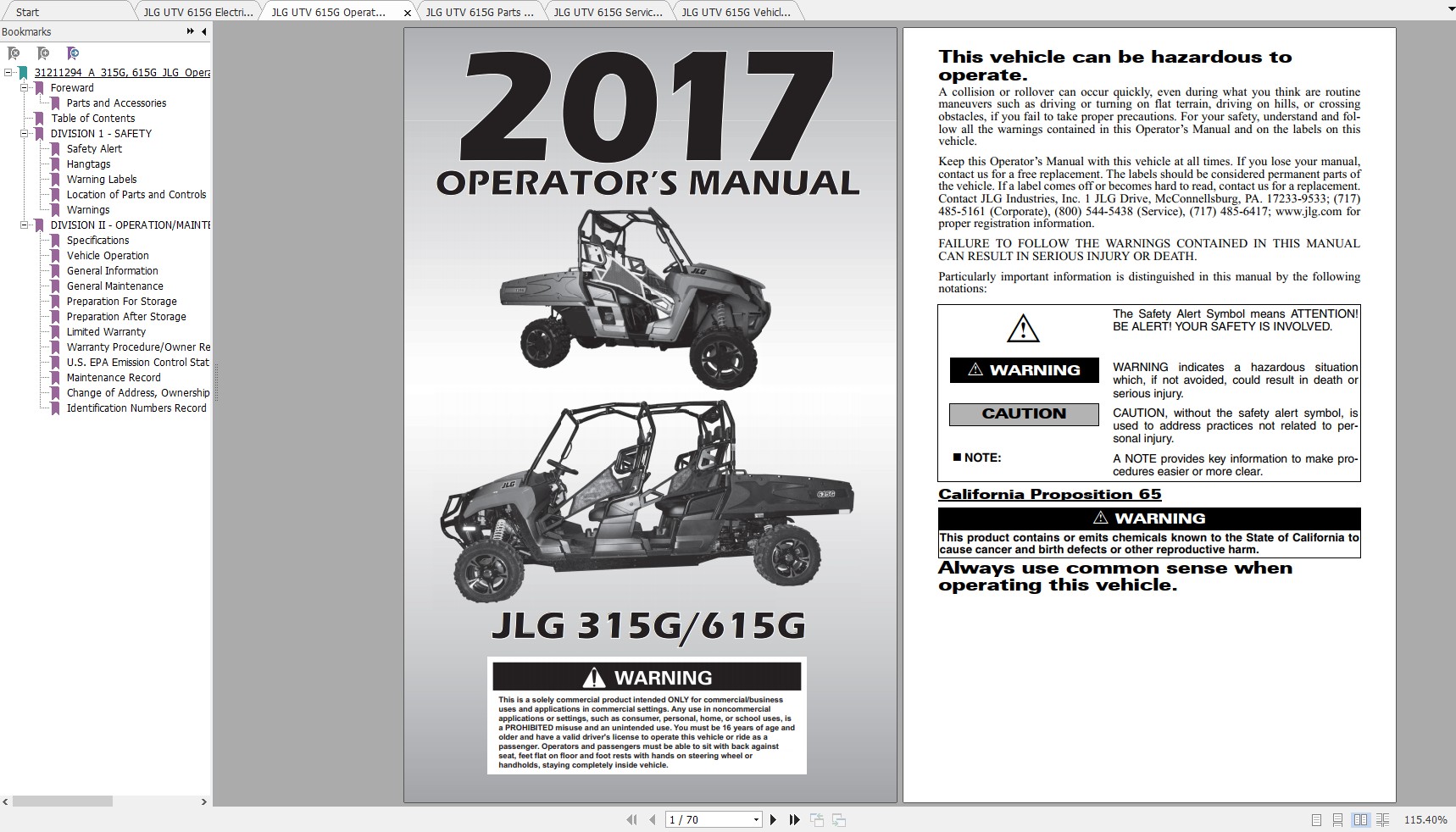 JLG UTV 615G Operator, Service & Parts Manuals