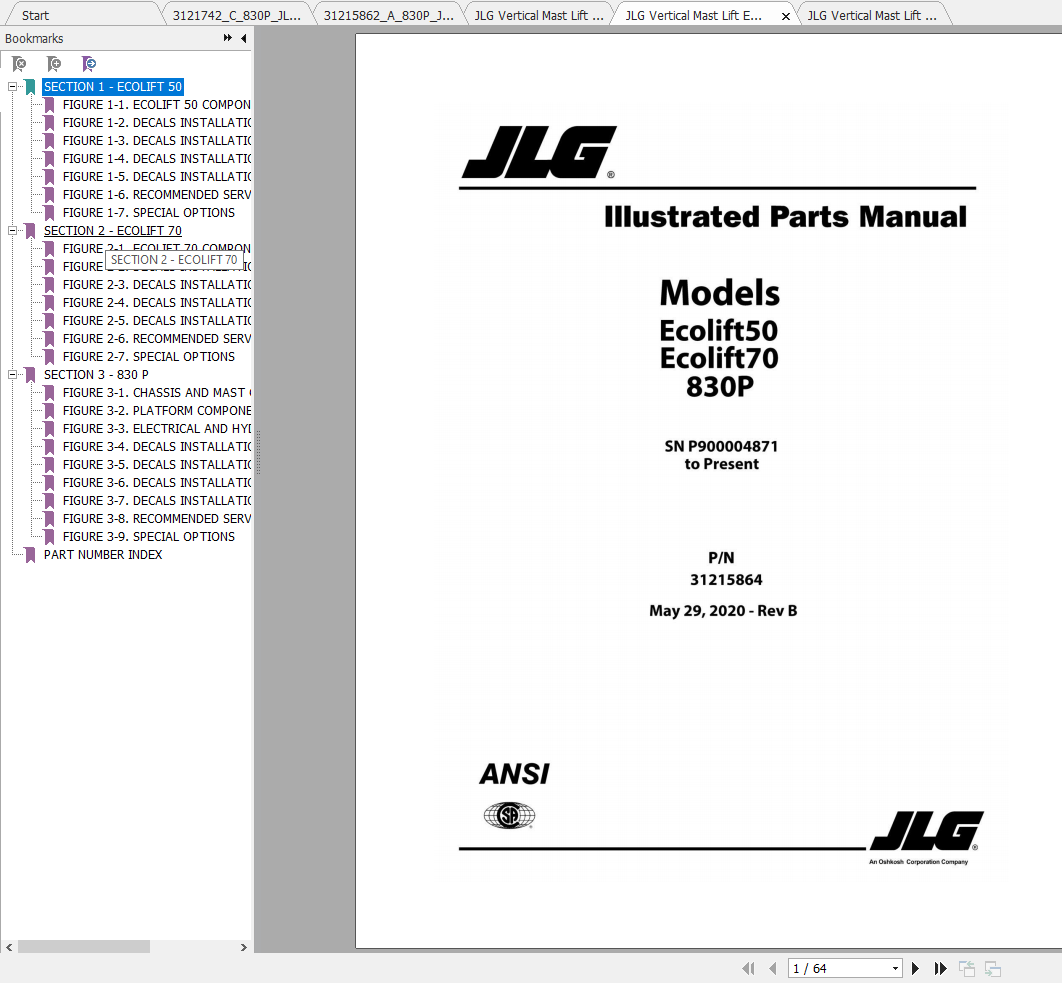 JLG Vertical Mast Lift 830P Operation, Service & Parts Manuals