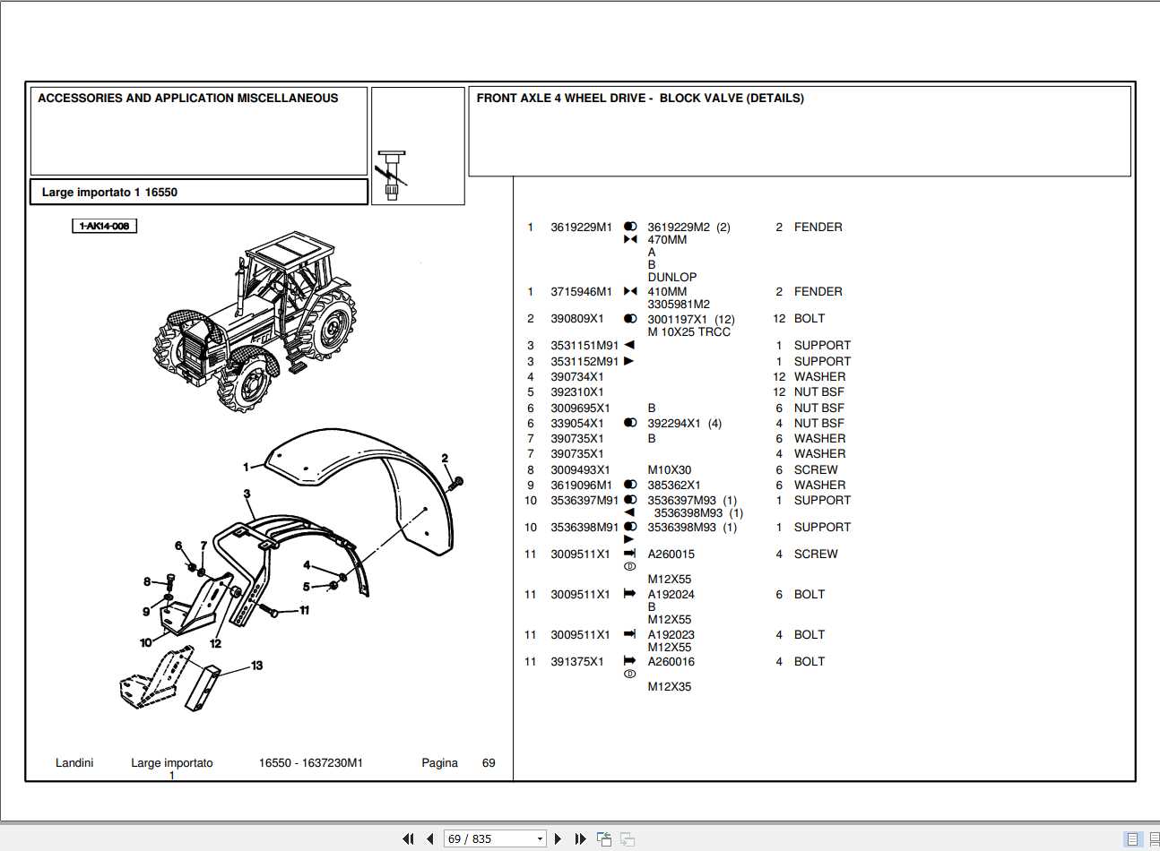 Landini Tractor 16550 Parts Catalog 1637230M1