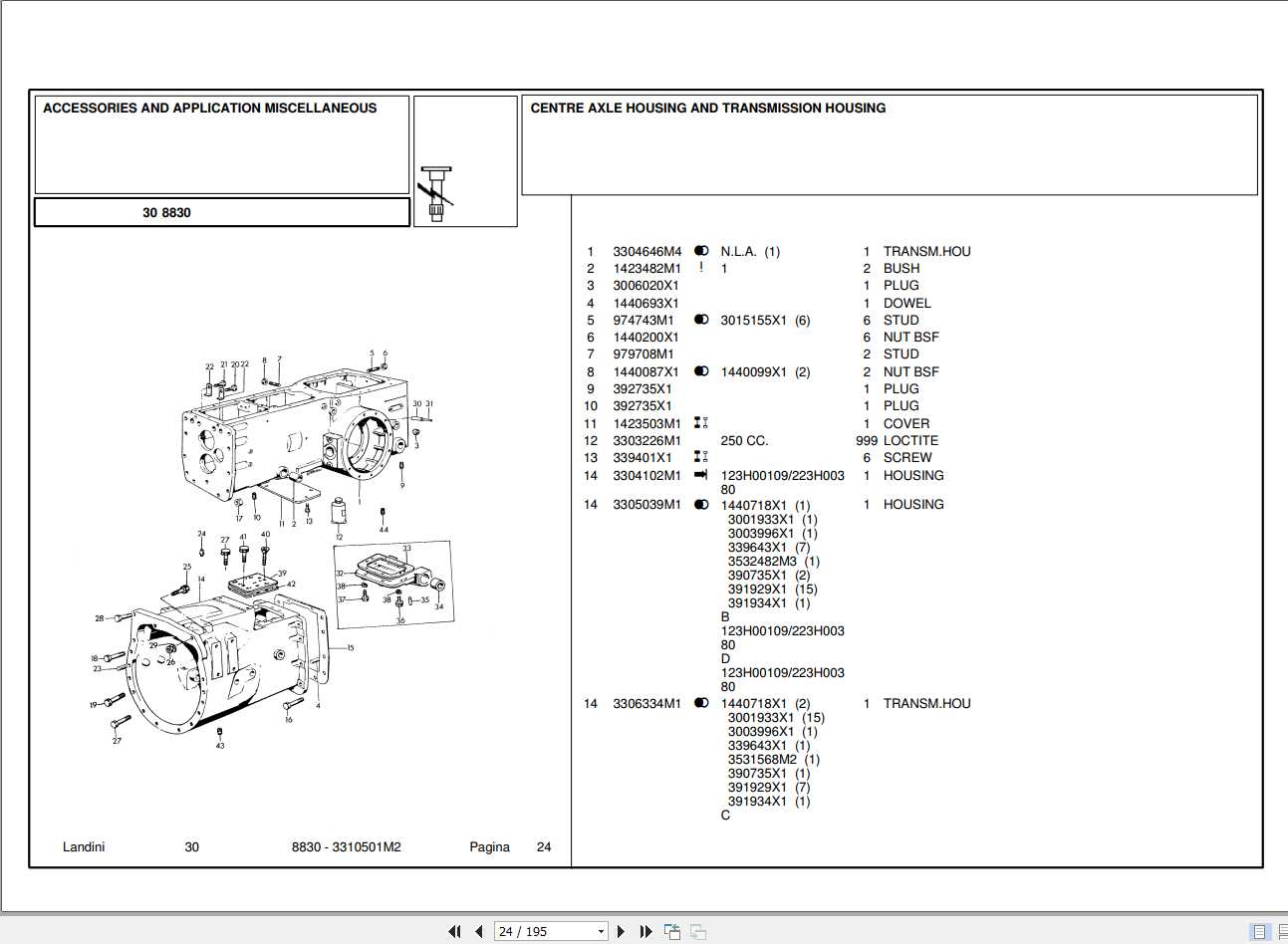 Landini Tractor 8830 Parts Catalog 3301501M2