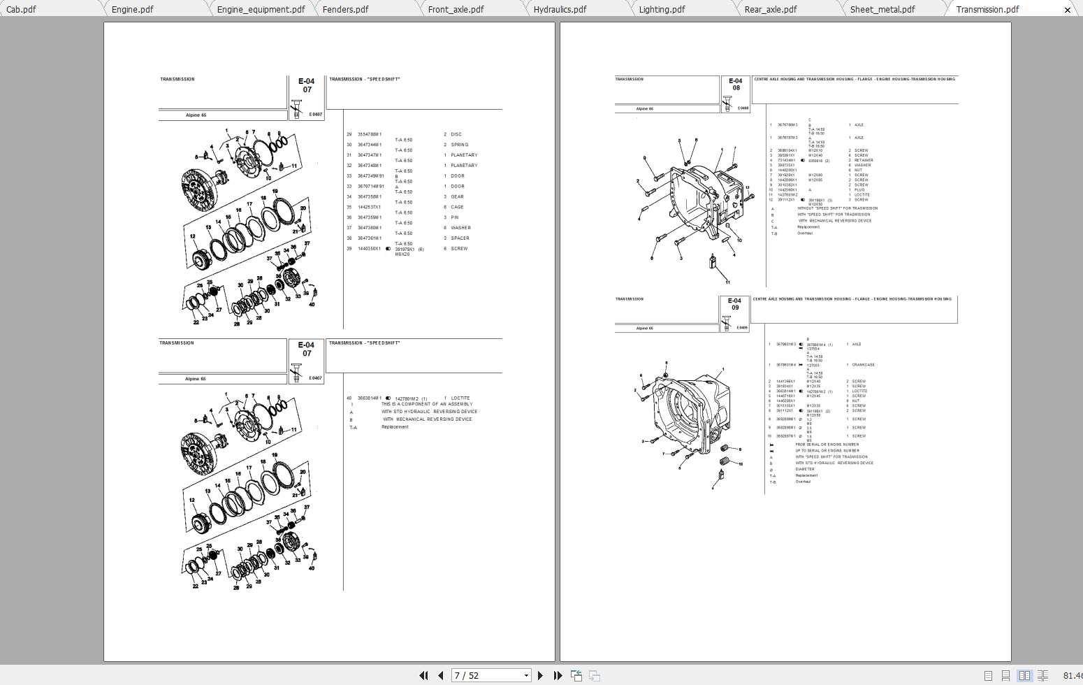 Landini Tractor Alpine 65 Parts Catalog