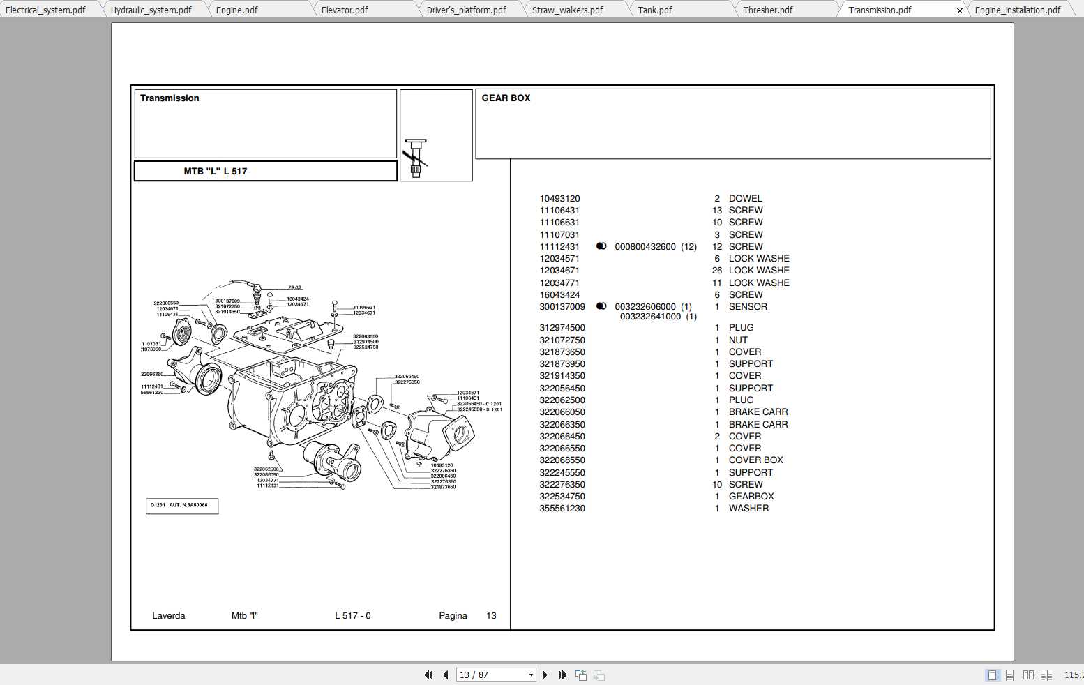 Laverda Combine Harvester L517 Parts Catalog