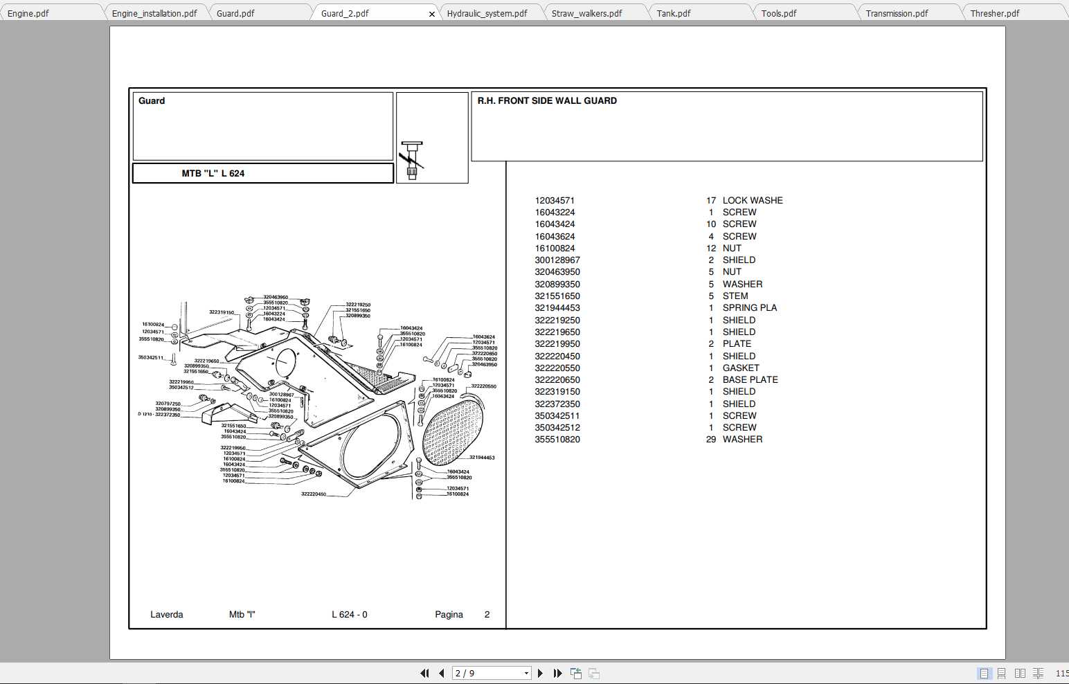 Laverda Combine Harvester L624 Parts Catalog