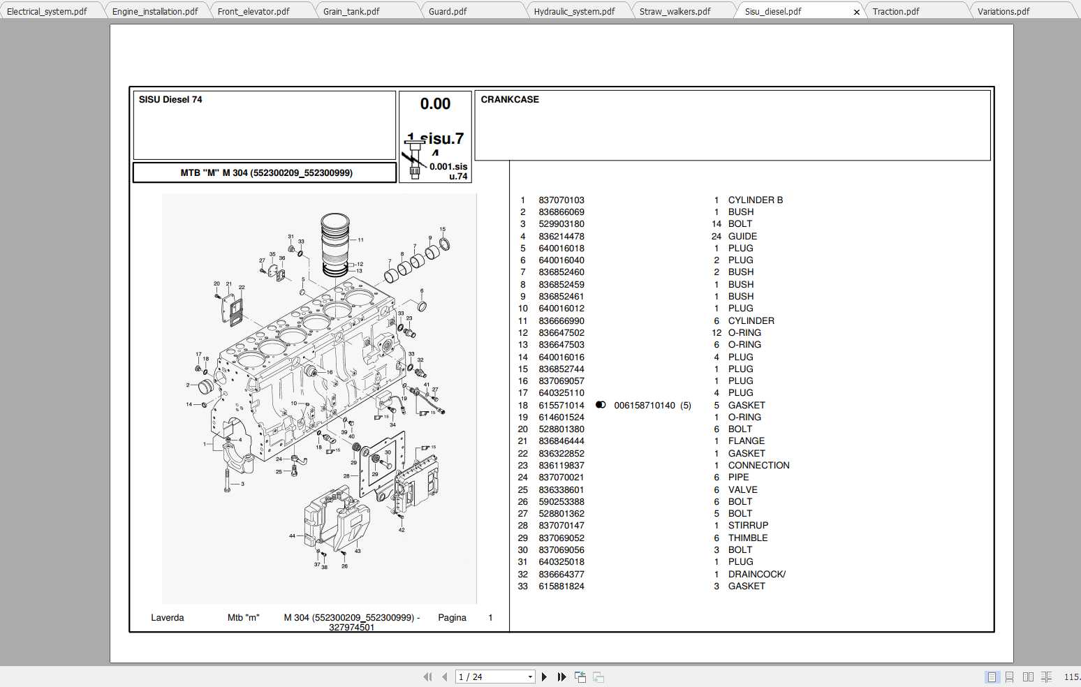 Laverda Combine Harvester M304 Parts Catalog