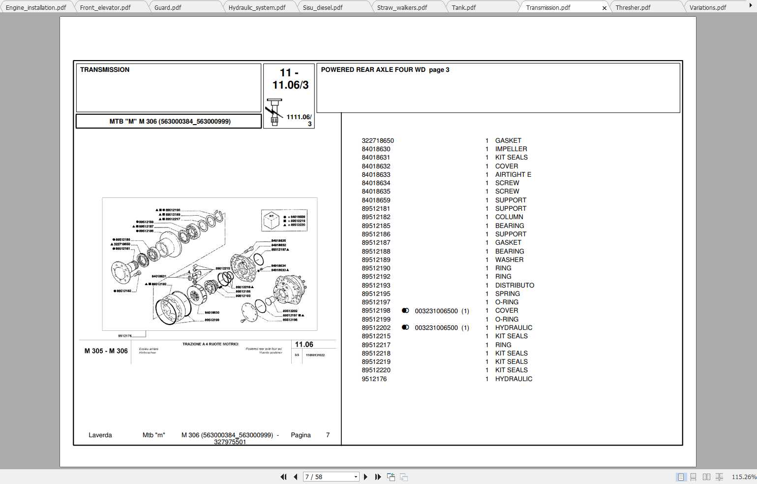 Laverda Combine Harvester M306 Parts Catalog