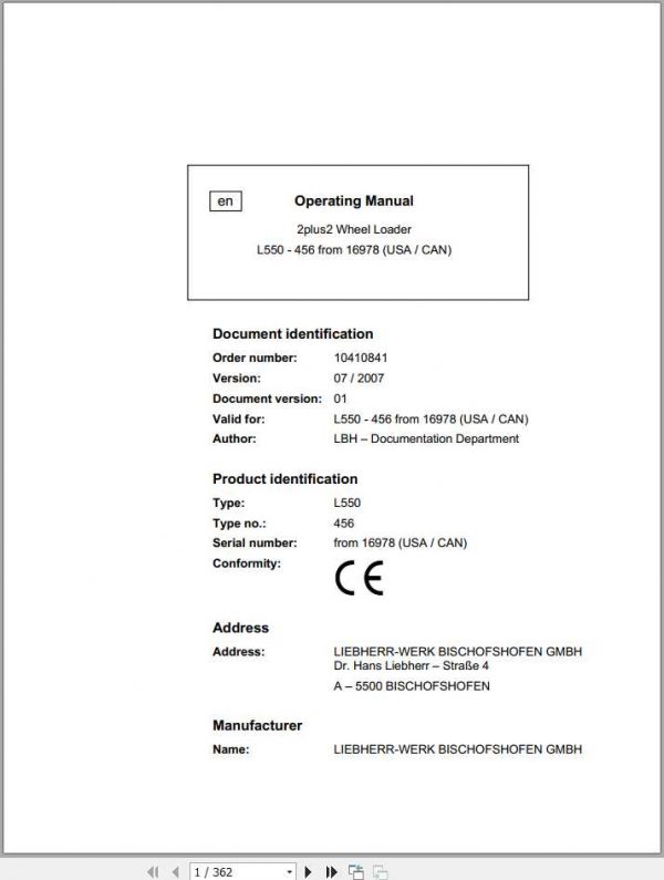 Liebherr Wheel Loader L550-456(USA-CAN_2plus2) S.N-16978 Operators Manual