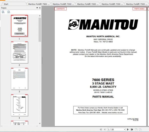 Manitou Forklift 7000-7900 Series Part Manual