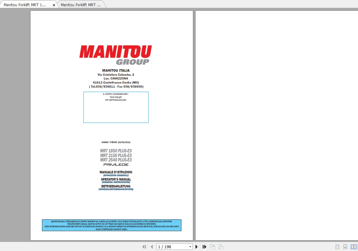 Manitou Telehandler MRT1850-2540 Operators & Service Manual