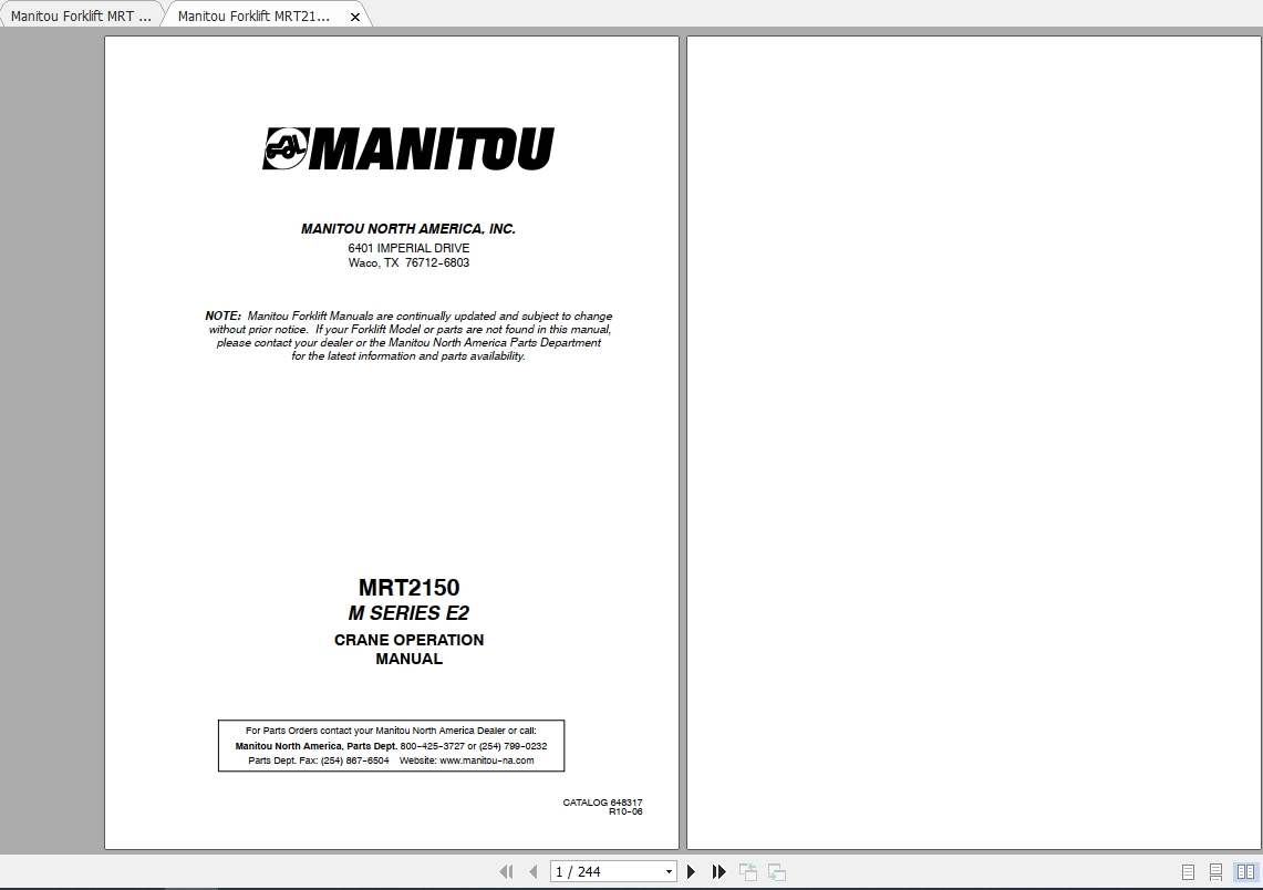 Manitou Telehandler MRT2150 M Series Parts & Operation Manual