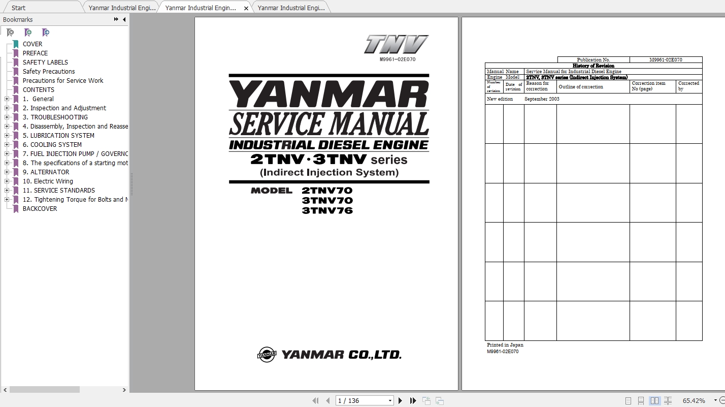 Yanmar Industrial Engines 2TNV, 3TNV Service Manual