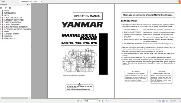 Yanmar Marine Engine 4JH3-TE,TCE,HTE,DTE Operation Manual