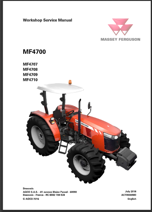Massey Ferguson SA MF4700 - MF4707 MF4708 MF4709 - WORKSHOP SERVICE MANUAL