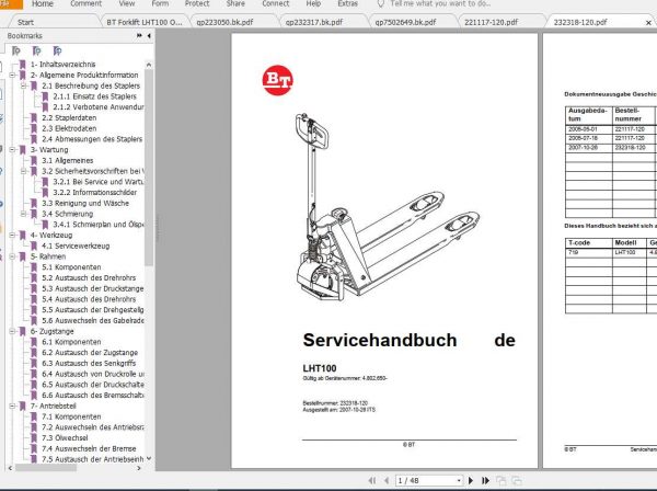 BT Forklift LHT100 Spare Parts Catalog, Operator & Service Manual