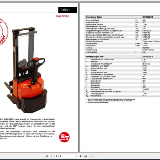 BT Forklift SWE120 Staxio Spare Parts Catalog, Operator & Service Manual